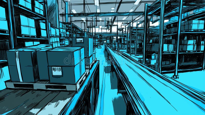 Abstract Illustration of a Bustling Warehouse Interior Stock ...