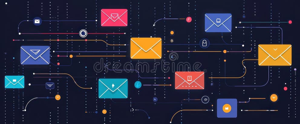 Abstract Illustration of Colorful Email Icons Interconnected by Lines ...