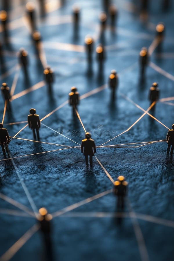 Network of Miniature People Connected by Glowing Lines on Textured ...