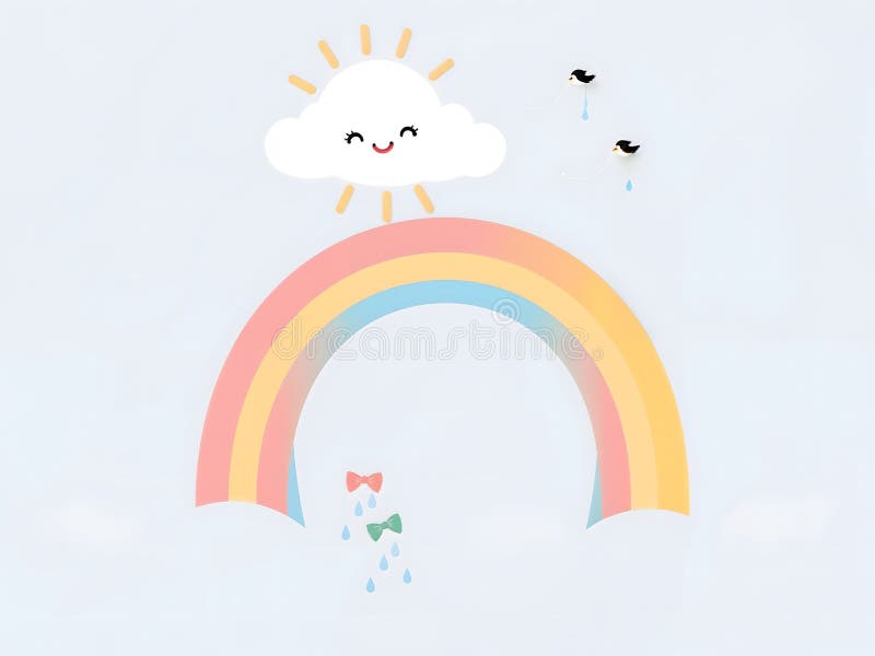 Abstract Illustration Cute Pastel Rainbow, Smiling Cloud. Rainy Sky ...