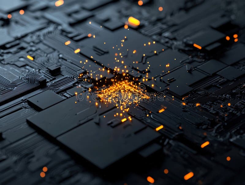 Abstract Illustration of a Dark Circuit Board with Glowing Sparks Representing Technology and ...