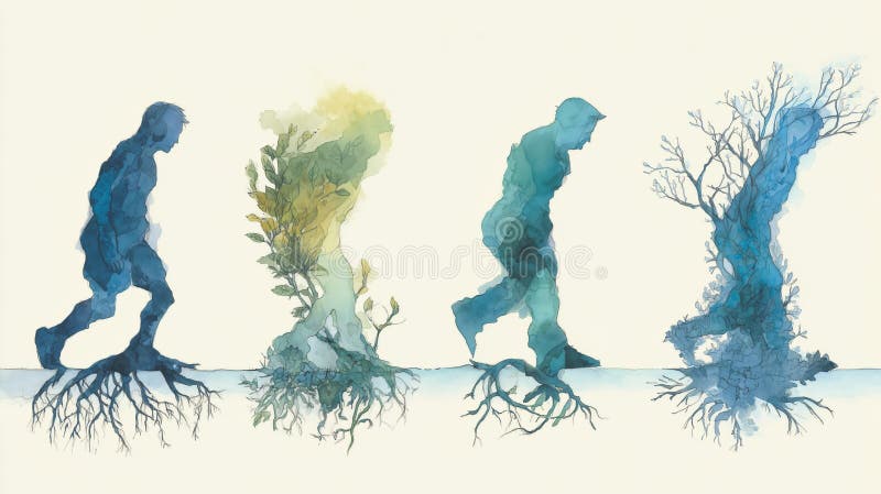 Abstract Illustration Depicting Human Evolution Intertwined with Nature ...