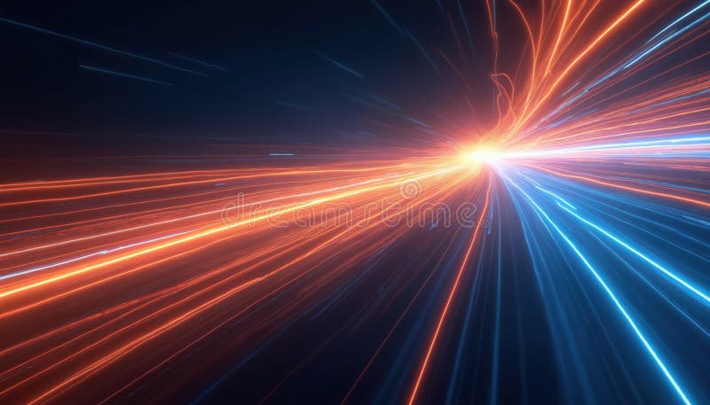 Abstract Illustration with Dynamic Orange and Blue Light Rays on Dark Blue Background. Speed ...