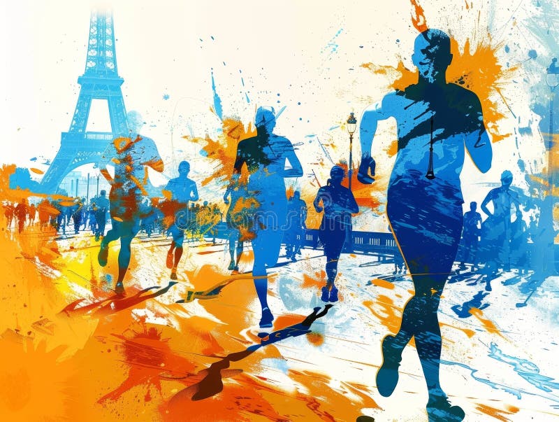 Abstract Illustration Featuring Silhouette Runners in a Marathon with a ...