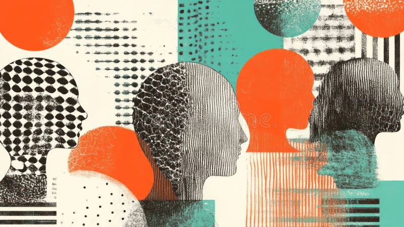 Abstract Illustration Featuring Stylized Heads and Geometric Shapes ...