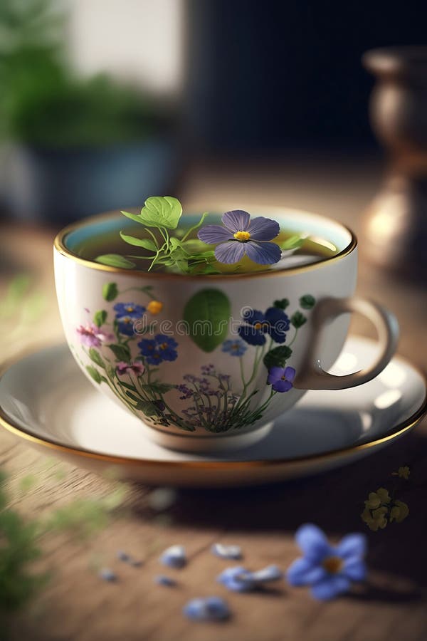 Abstract Illustration Flowers in Teacup on Table Surface Stock ...