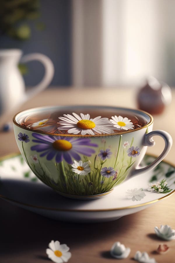 Abstract Illustration Flowers in Teacup on Table Surface Stock ...