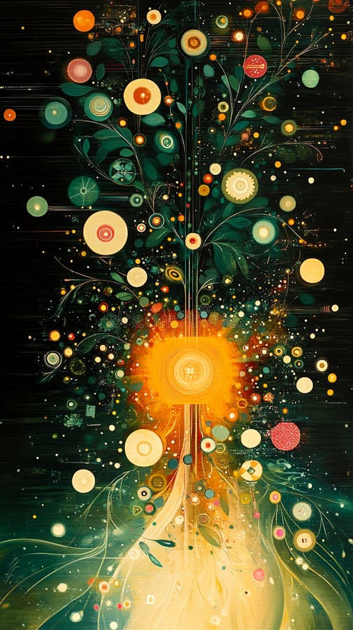 Abstract Illustration of a Glowing Tree with Vibrant Circular Patterns ...