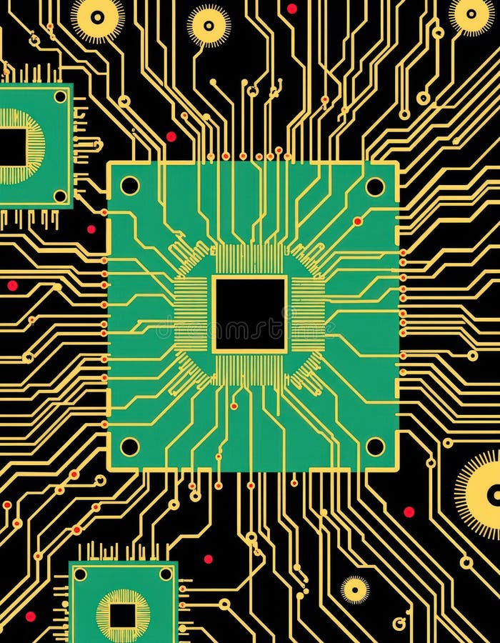 Futuristic Digital Illustration Complex Green Gold Circuit Board Stock ...