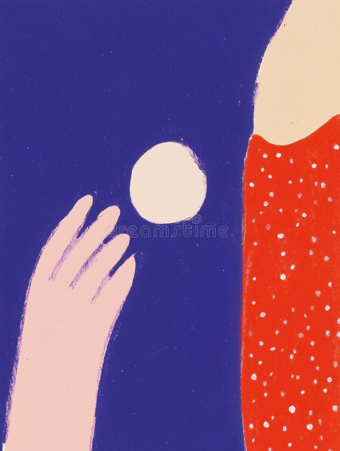 Abstract Illustration of Hand Reaching for White Sphere on Blue ...