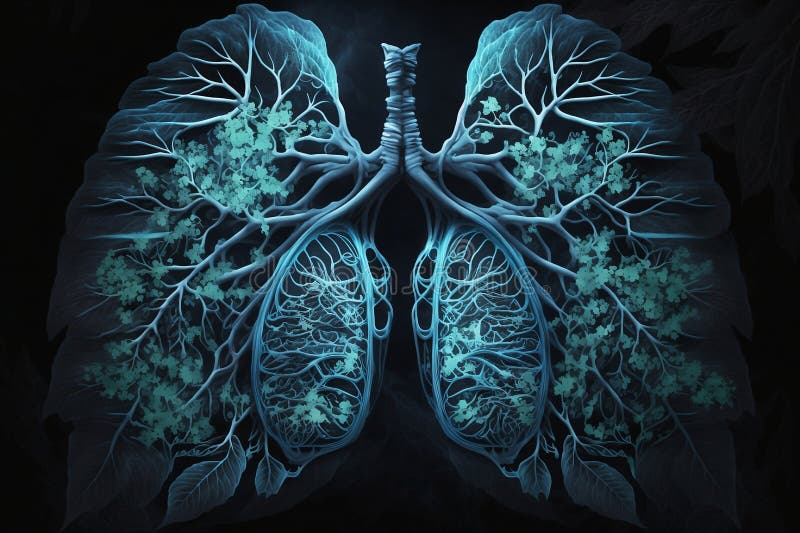 Abstract Illustration of Human Lungs with Plants on Black Background ...