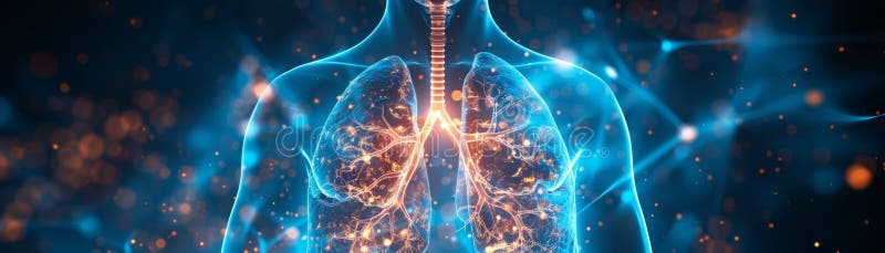 Abstract Illustration of the Human Respiratory System with Glowing Blue ...