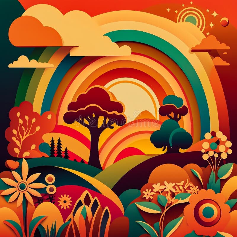 An Abstract Illustration of a Landscape with a Sunset and a Rainbow ...