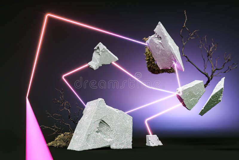 Abstract Illustration with Neon Light, Stones and Branches on Dark ...