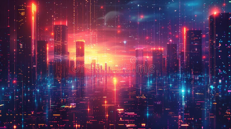 Abstract Illustration of Neon Modern Downtown Landscape Stock ...