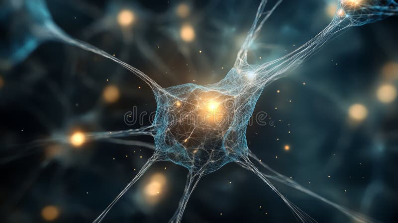 Abstract Illustration of a Neuron Cell with Glowing Nucleus and ...