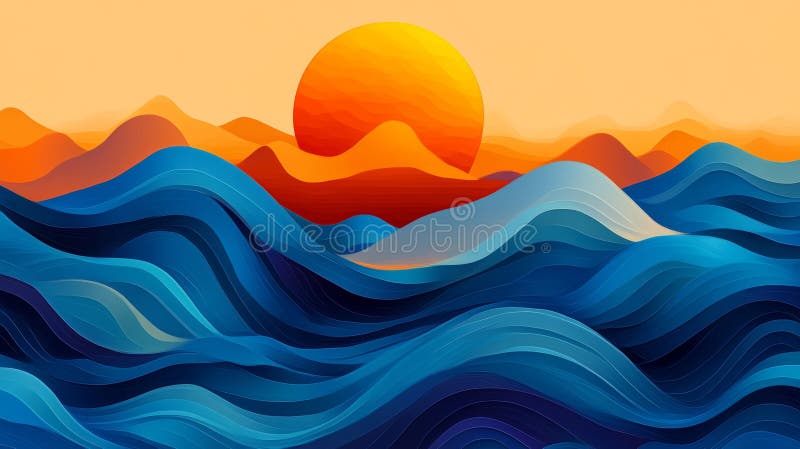 Abstract Illustration of Ocean Waves and Sunset Stock Image - Image of ...