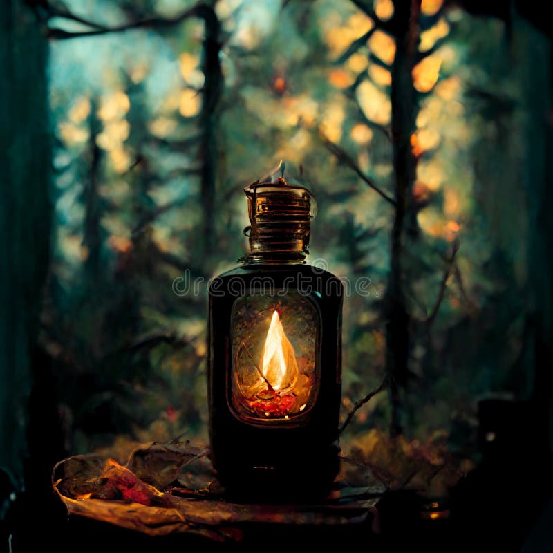 Abstract Illustration of an Oil Lamp in the Forest Stock Illustration ...