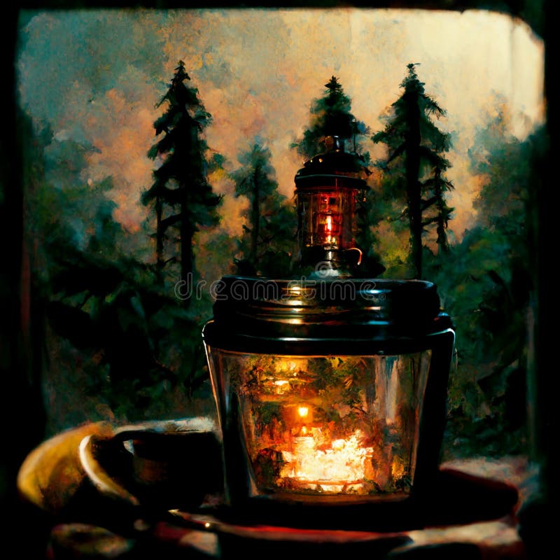 Abstract Illustration of an Oil Lamp in the Forest Stock Illustration ...