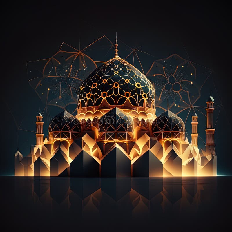 Isolate Mosque Illustrations with Dark Background and Glowing Light and ...