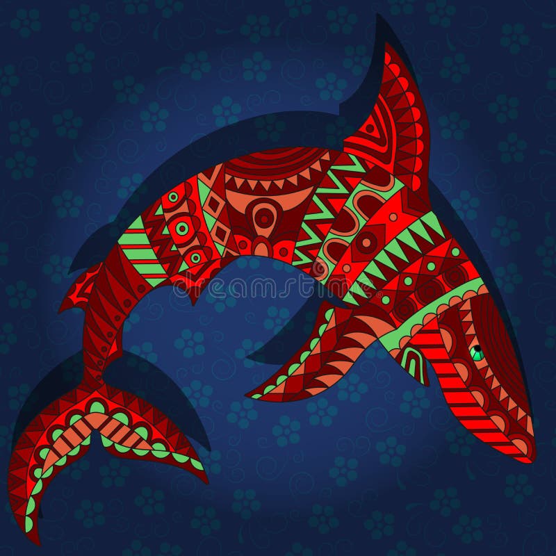 Abstract Illustration with Red Shark on a Dark Blue Floral Background ...