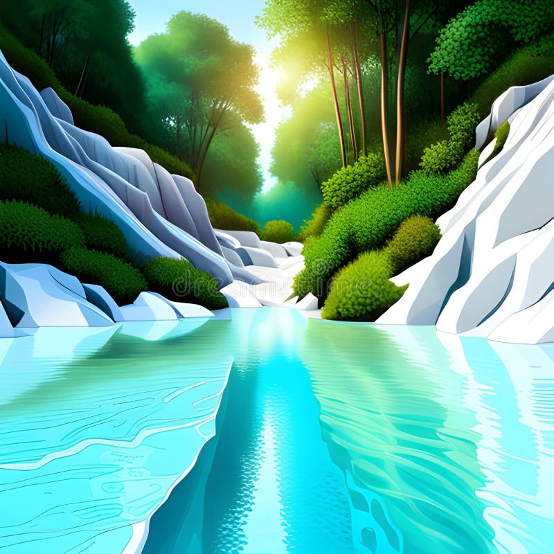 Abstract, Illustration, River, Green Forest, Blue, Landscape, Palm ...