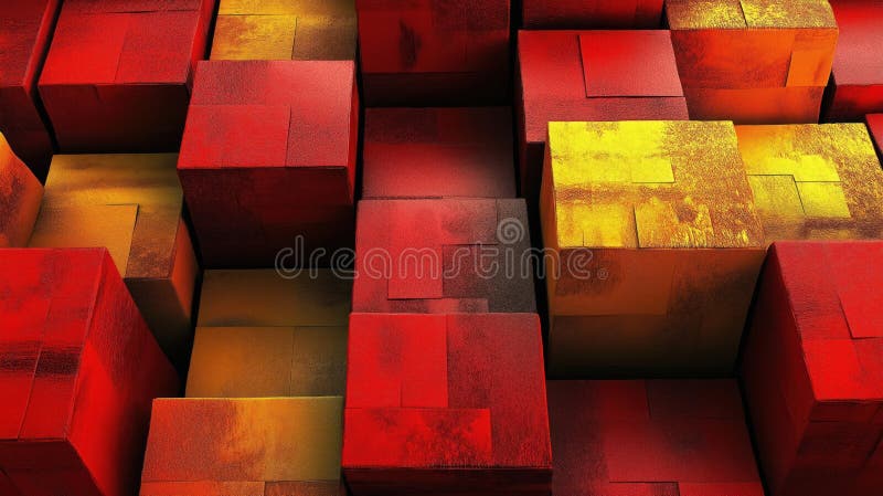 Abstract Illustration of Textured Red, Yellow Cubes. 3D Effect Creates ...