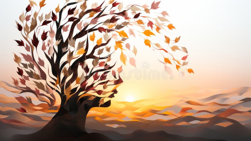 An Abstract Illustration of a Tree with Leaves Blowing in the Wind ...