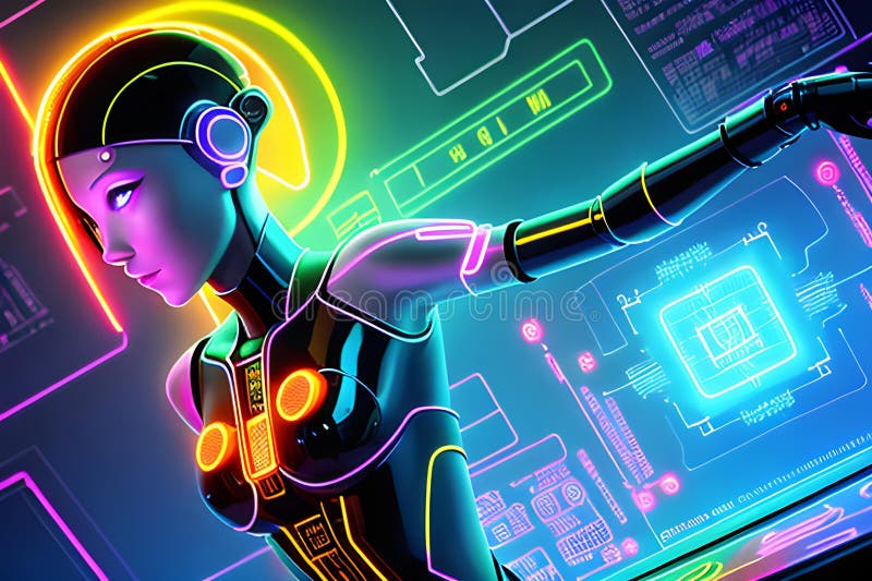 Girl in Virtual Reality Outlined Glowing Illustration Stock ...