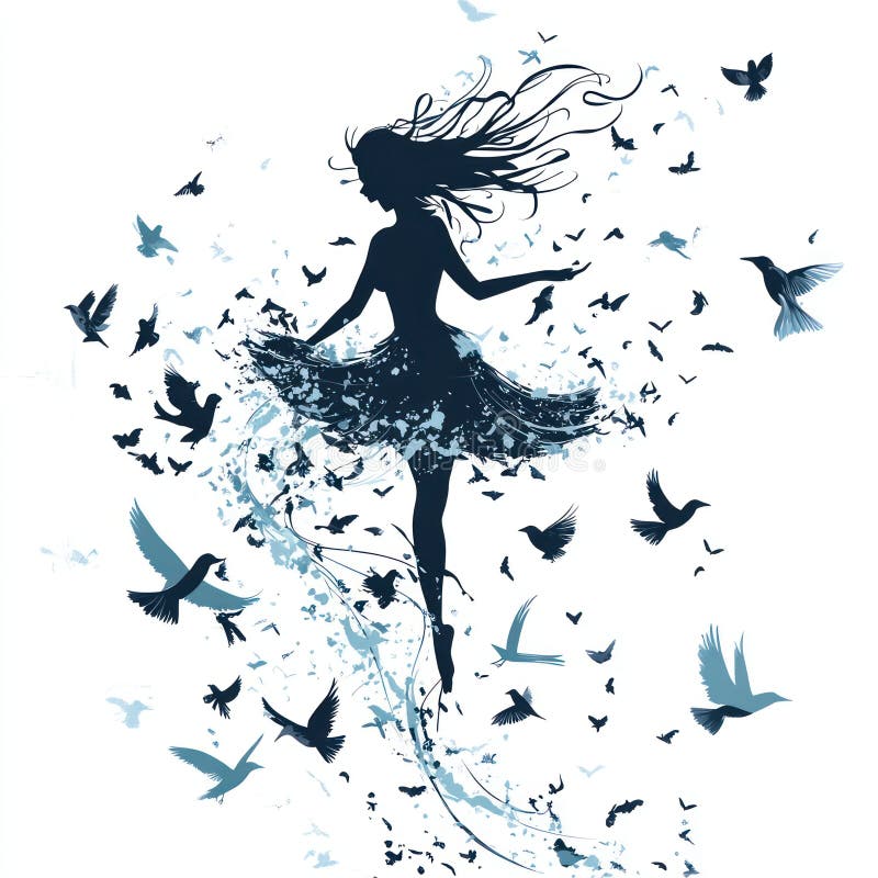 Abstract Illustration of a Woman Dancing with Birds Stock Illustration ...