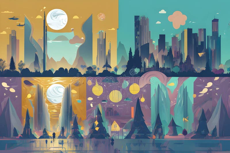 Abstract Illustrations Bright Color Scheme Fantasy Elements, City ...