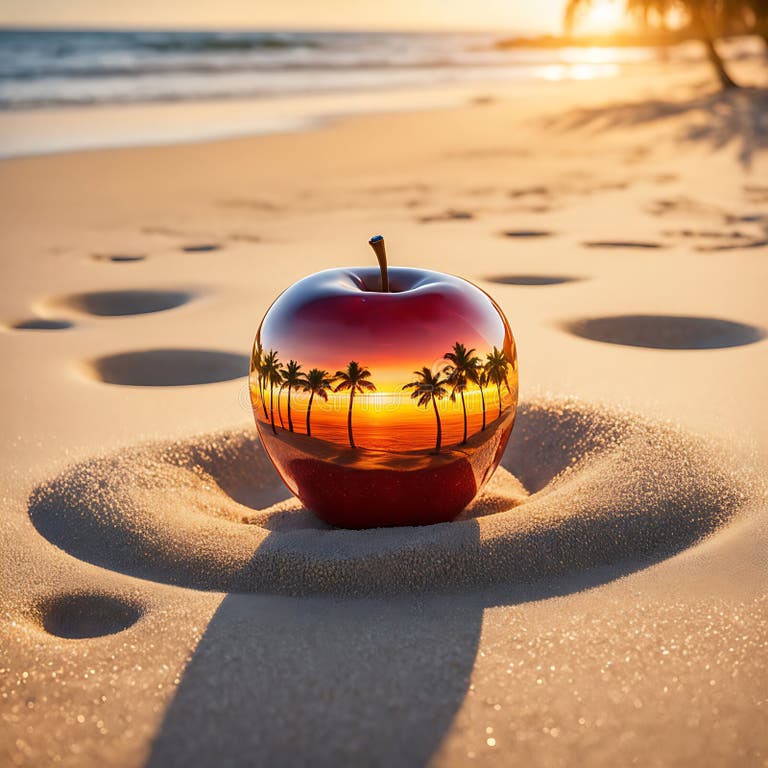 Abstract Image of an Apple with Reflection of Palm Trees and Beach ...