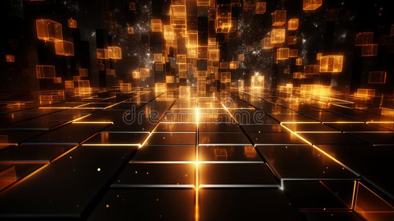 An Abstract Image of a Black and Gold Floor with Glowing Squares Stock ...
