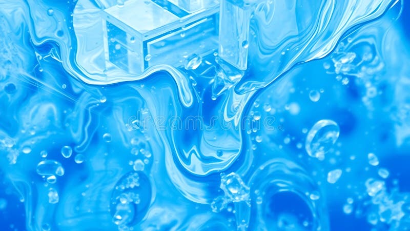 Abstract Image of Blue Liquid with Bubbles and a Translucent Cube ...