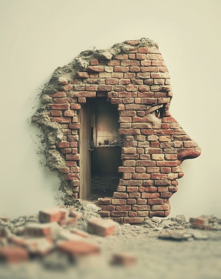 Artistic Brick Wall with Human Face Silhouette and Door Stock Image ...