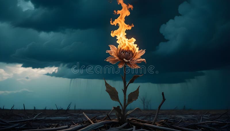 Abstract Image of a Burning Flower Against a Dark Sky with Rain ...