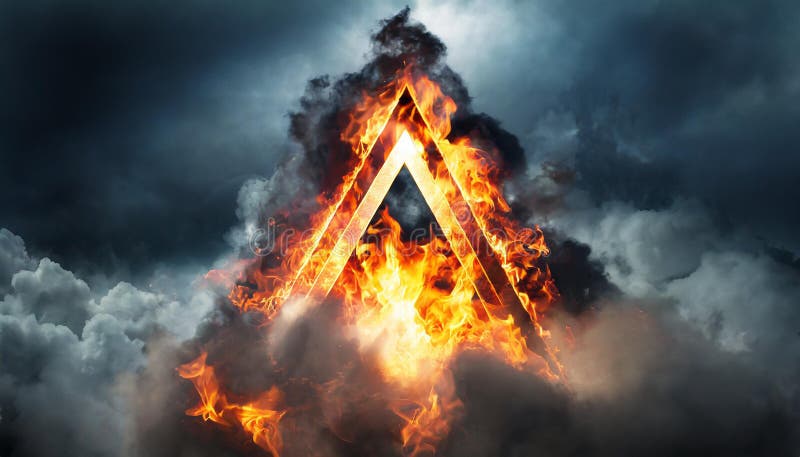 Abstract Image of Burning Triangle Shape in Dark Clouds. Hot Orange ...
