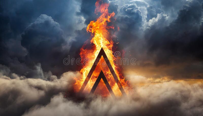 Abstract Image of Burning Triangle Shape in Dark Clouds. Hot Orange ...