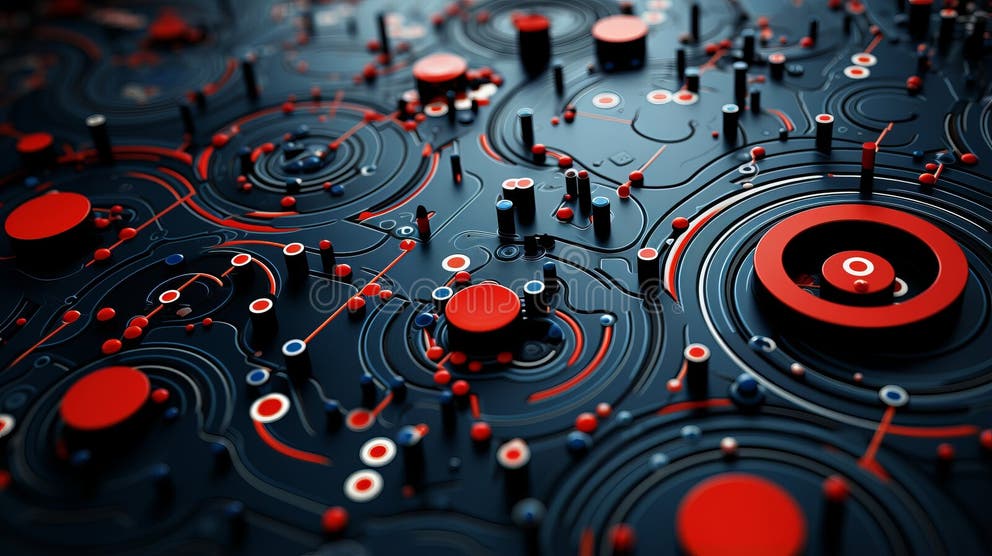 An Abstract Image of a Circuit Board with Red and Black Circles Stock ...