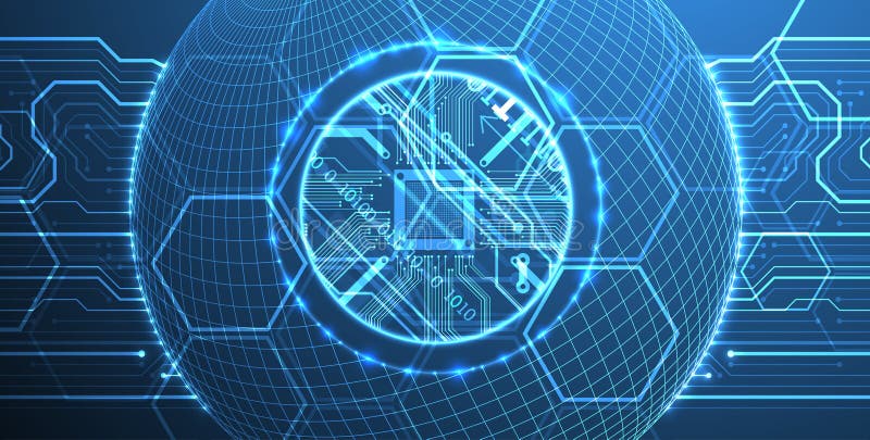 Abstract Image of a Computer Chip in the Middle of a Wireframe Sphere ...