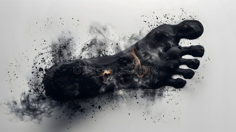 Abstract Image of a Dark, Burning Footprint with Smoke and Ashes ...