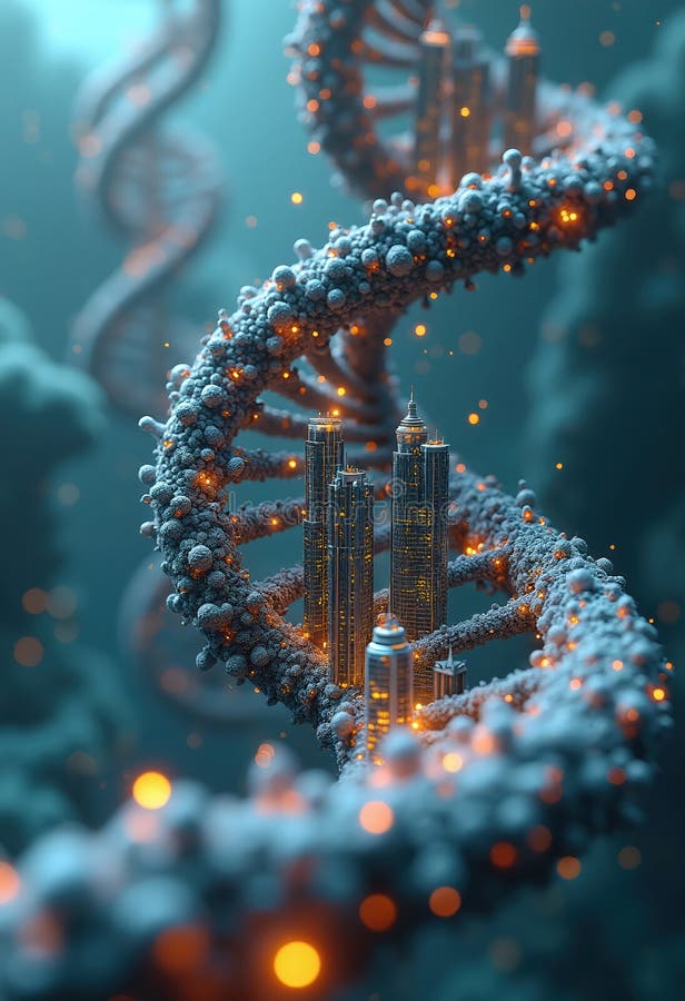 DNA Strand Intertwined with City Buildings, Future Technology Concept ...