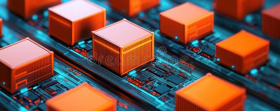 Orange Containers on Futuristic Circuit Board Data Center Technology ...