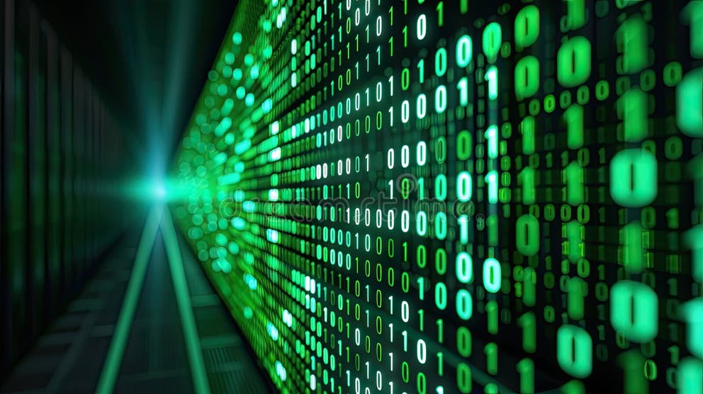 Abstract Image of a Digital Data Stream with Green Binary Code in Motion, Representing ...