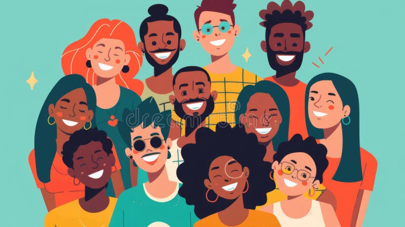 Abstract Image of Diverse Group of Happy People on a Blue Background ...