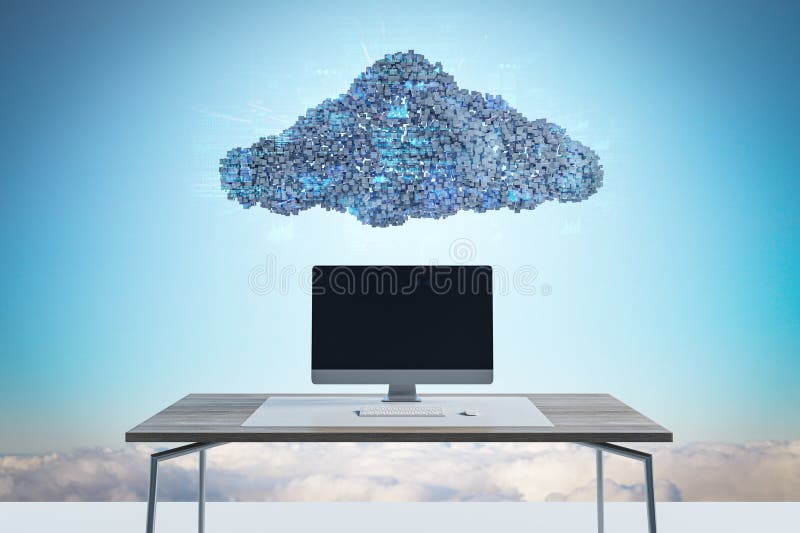 Abstract Image of Empty Computer Placed on Desk Under Digital Cloud ...