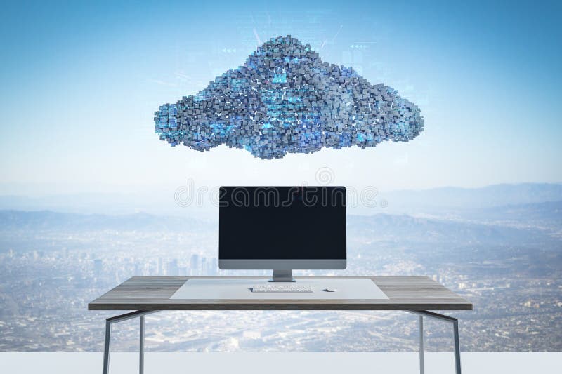 Abstract Image of Empty Computer Placed on Desk Under Digital Cloud ...