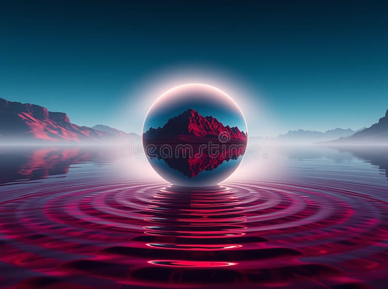 A Glowing Orb Reflecting Mountains on a Ripple Surface, Ai Generated ...