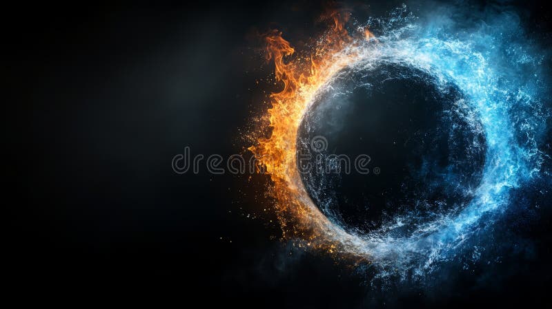 Abstract Image of Fire and Ice Swirling Around a Dark Orb, Symbolizing ...