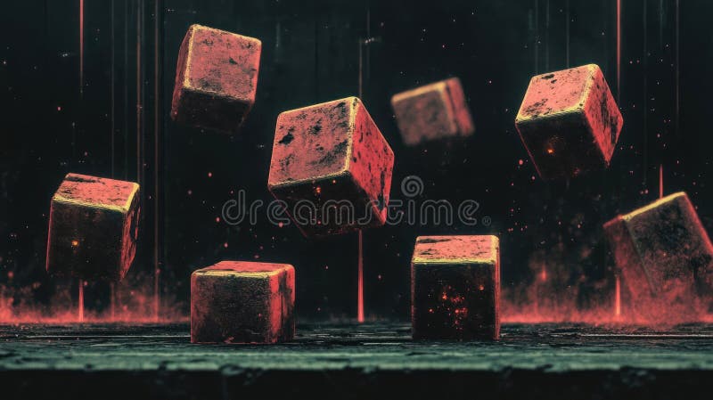 Falling Glowing Cubes Abstract 3D Render of Red and Gold Metallic ...